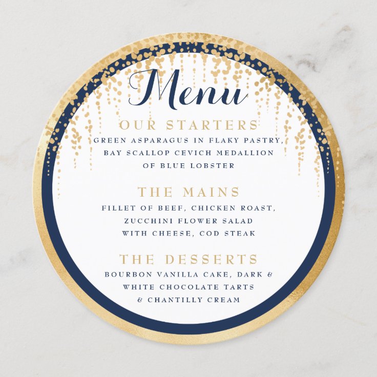 Modern Willow Tree Navy Gold Wedding Single Sided Menu | Zazzle