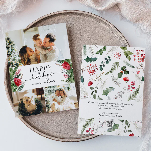 Modern Winter Botanical Custom Message Photo Holiday Card | Zazzle
