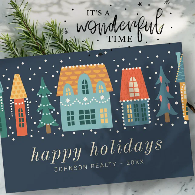 Modern Winter Christmas Town Business Holiday Card | Zazzle