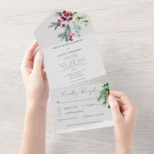 Modern Winter Pine Berries & Snow Gray Dinner All In One Invitation ...
