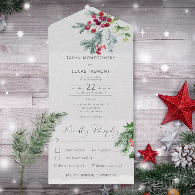 Modern Winter Pine Berries & Snow Gray Dinner All In One Invitation ...