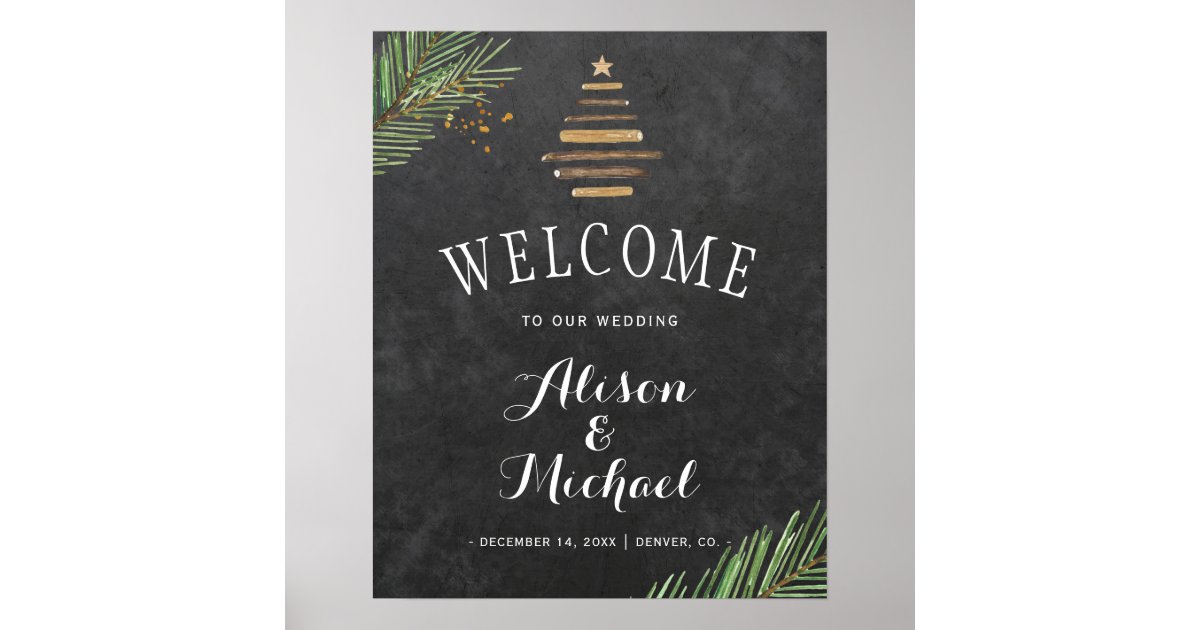 Modern winter pine chalkboard wedding welcome sign | Zazzle