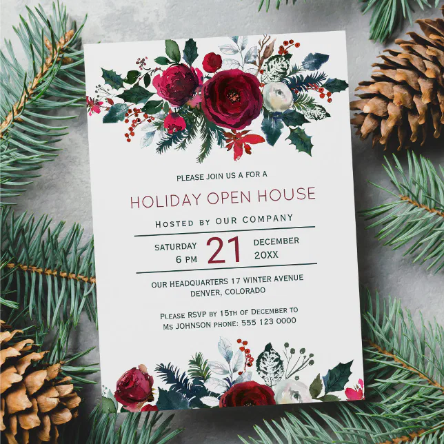 Modern winter red flowers holiday open house invitation | Zazzle