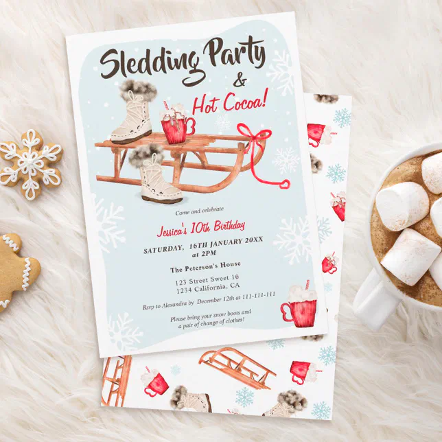 Modern winter snow sledding hot cocoa birthday invitation | Zazzle