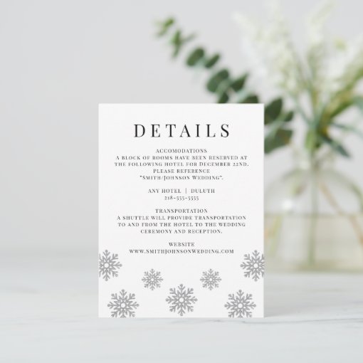 Modern Winter Snowflake Wedding Details Card | Zazzle