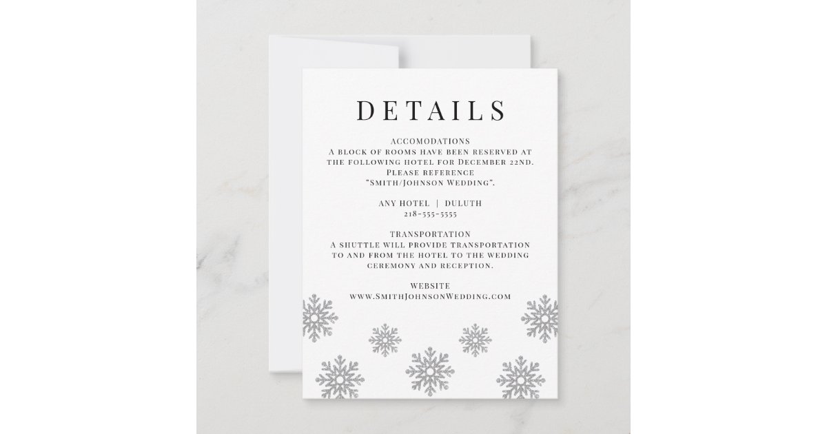 Modern Winter Snowflake Wedding Details Card | Zazzle