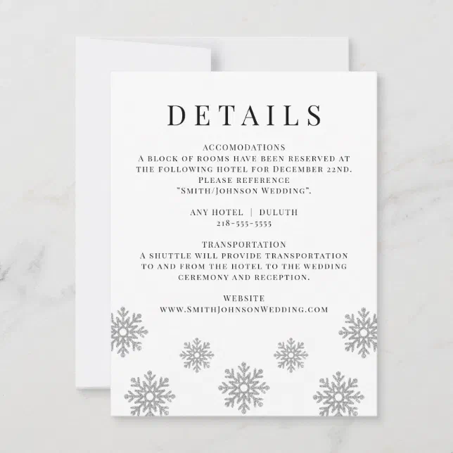 Modern Winter Snowflake Wedding Details Card | Zazzle