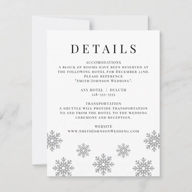 Modern Winter Snowflake Wedding Details Card | Zazzle
