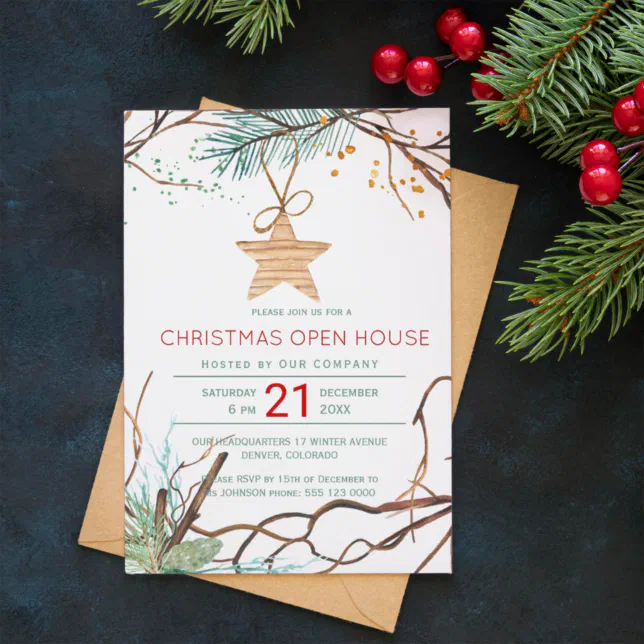 Modern winter wood branches Christmas open house Invitation | Zazzle
