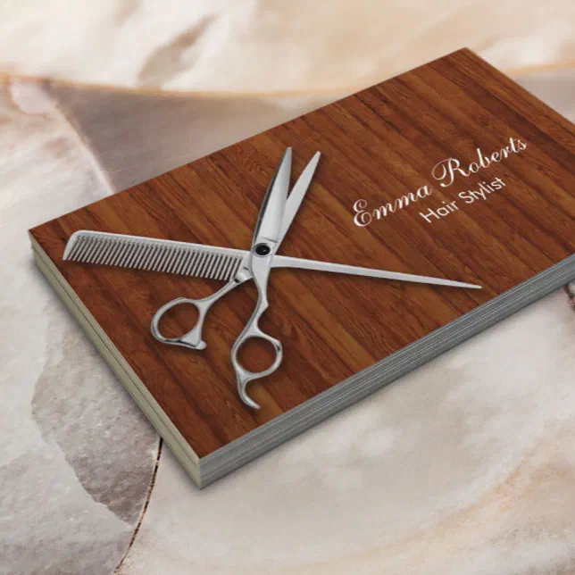 Modern Wood Background Scissor & Comb Hair Stylist Business Card | Zazzle