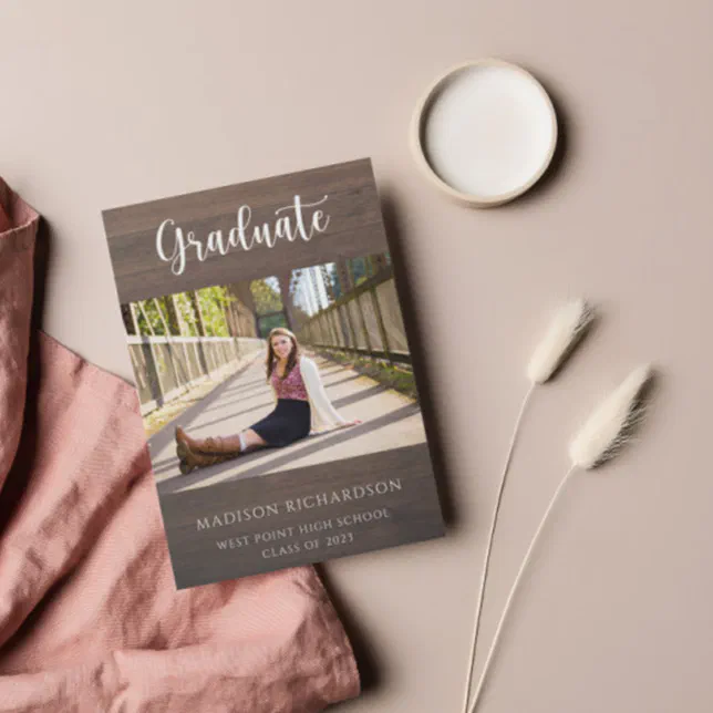 Modern Wood Grain Rustic Photo Graduation Invitation | Zazzle