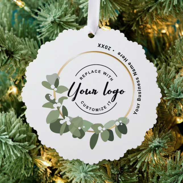 Modern wreath with logo unique Custom Ornament Card | Zazzle