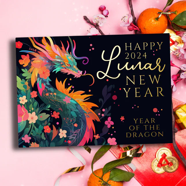 Modern Year of the Dragon Chinese New Year 1 Photo Foil Holiday Card ...