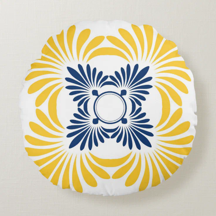 Modern Yellow Blue Floral Pattern Round Pillow | Zazzle