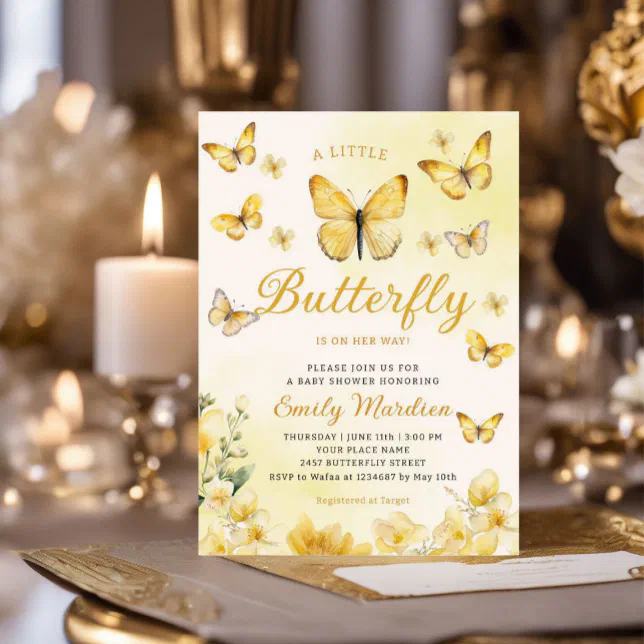 Modern yellow Floral Butterfly Girl Baby Shower Invitation | Zazzle