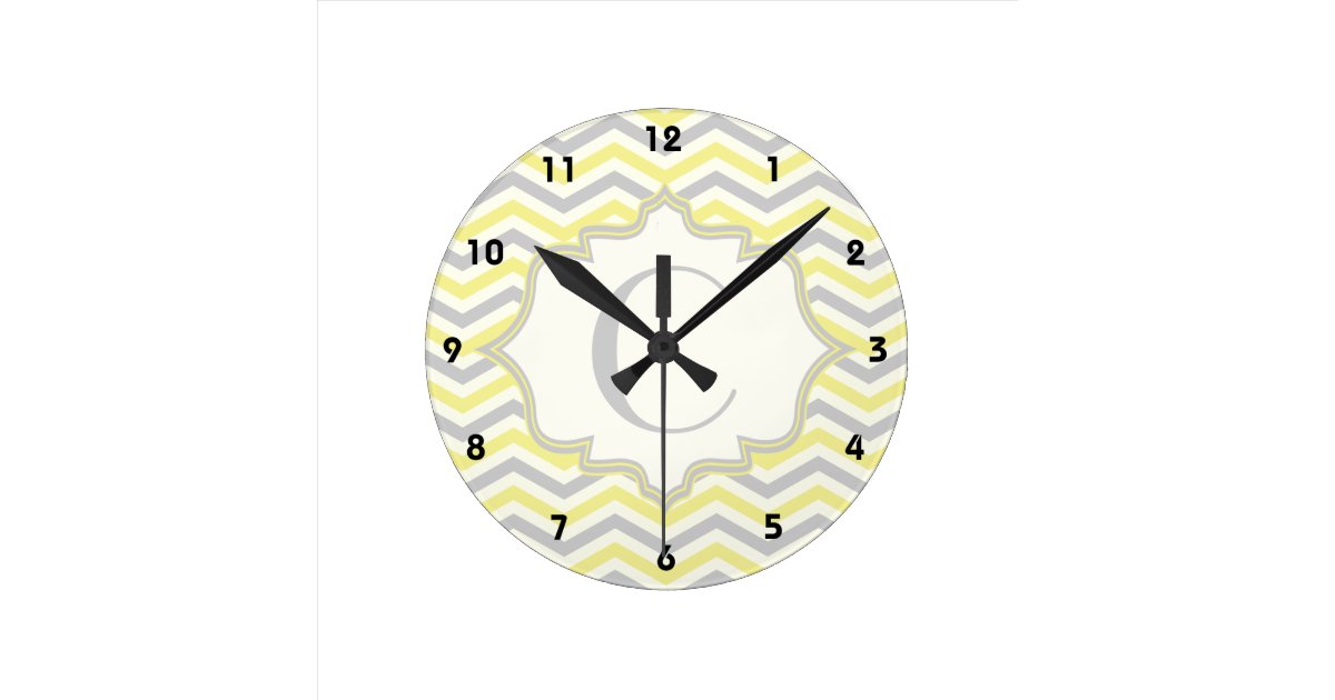 Modern yellow, grey, ivory chevron pattern custom round clock | Zazzle.com