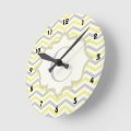 Modern yellow, grey, ivory chevron pattern custom round clock | Zazzle