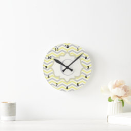 Modern yellow, grey, ivory chevron pattern custom round clock | Zazzle