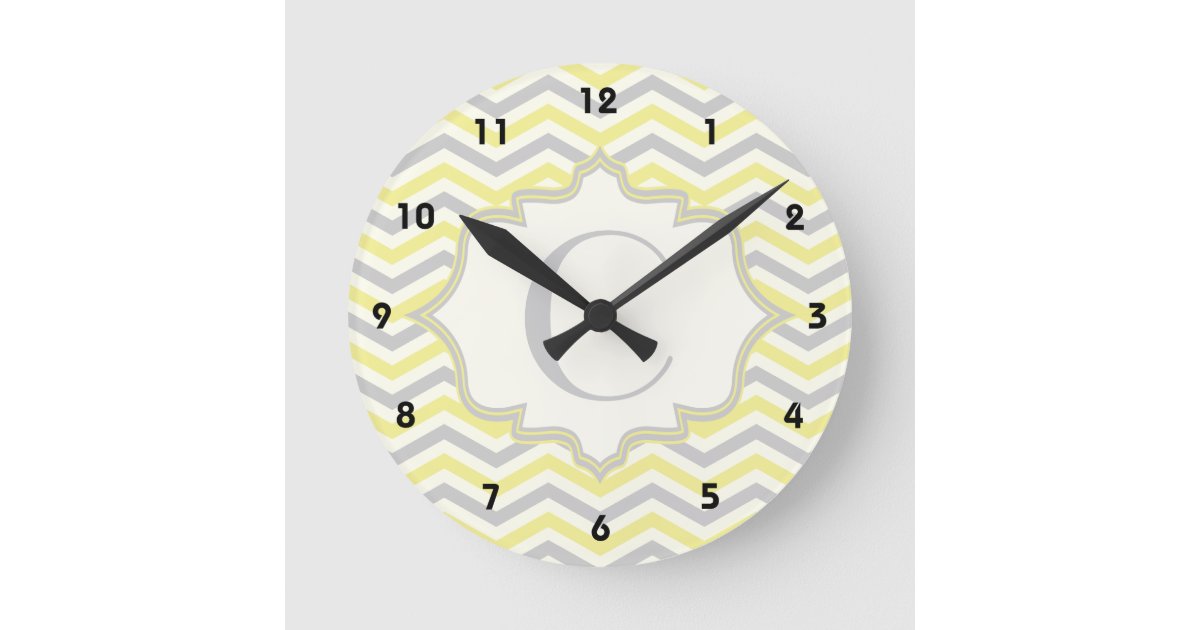 Modern yellow, grey, ivory chevron pattern custom round clock | Zazzle