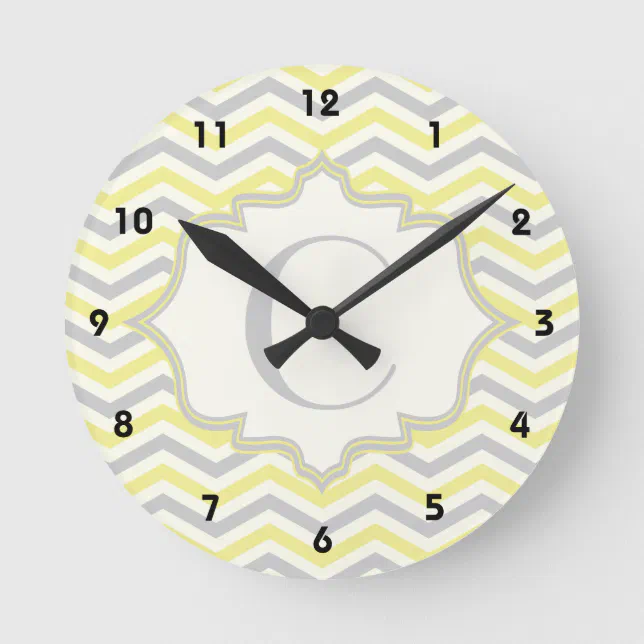 Modern yellow, grey, ivory chevron pattern custom round clock | Zazzle