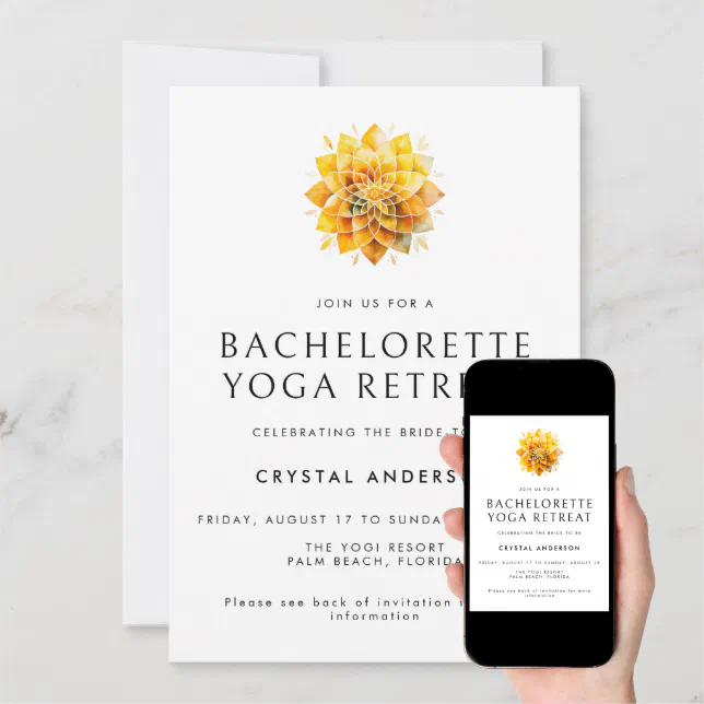 Modern Yellow Mandala Bachelorette Yoga Retreat Invitation | Zazzle