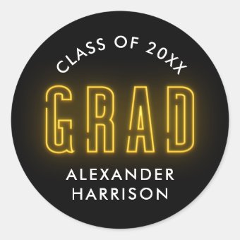 Modern Yellow Neon Graduation Classic Round Sticker | Zazzle