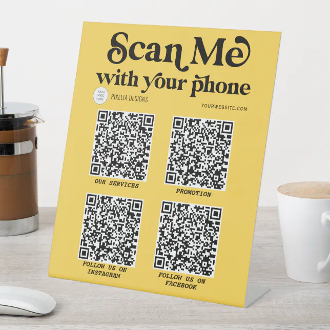 Modern Yellow QR code business networking Trendy Pedestal Sign | Zazzle