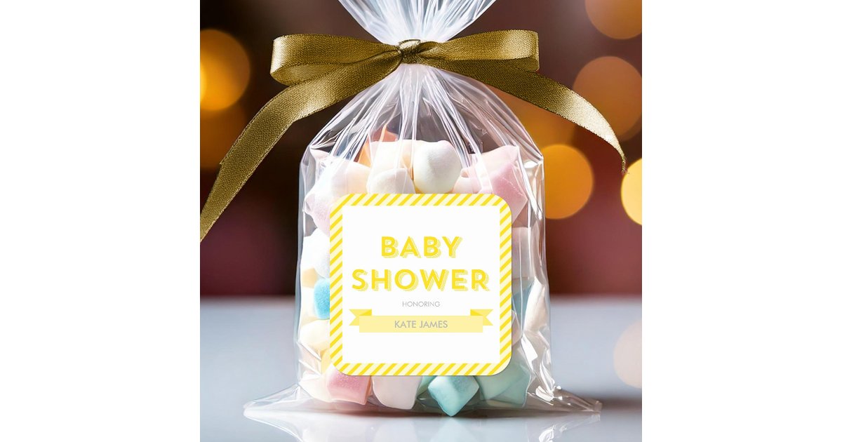 Modern Yellow Stripes Baby Shower Square Sticker | Zazzle