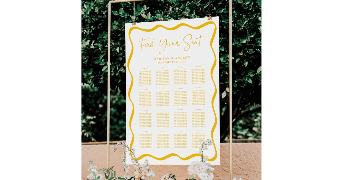 Modern Yellow Wavy Frame 16 Table Seating Chart | Zazzle