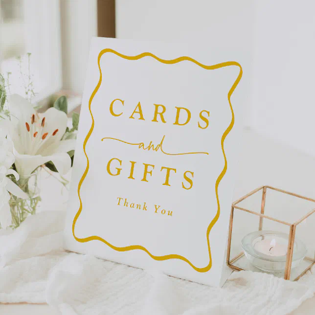 Modern Yellow Wavy Frame Cards and Gifts Pedestal Sign | Zazzle