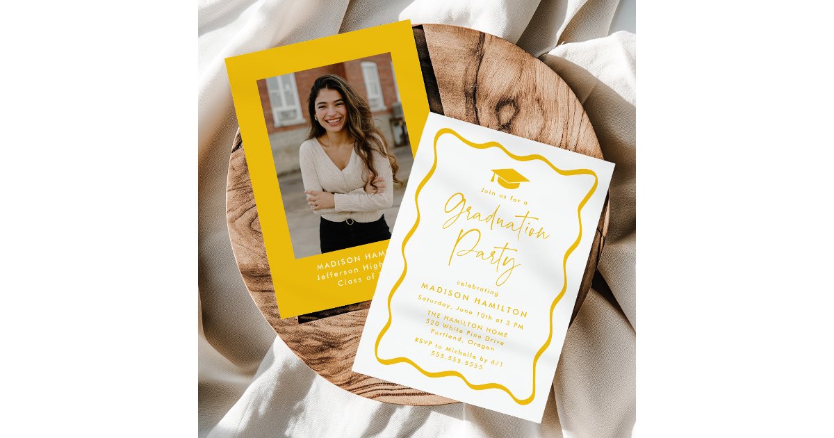 Modern Yellow Wavy Frame Photo Graduation Party Invitation | Zazzle