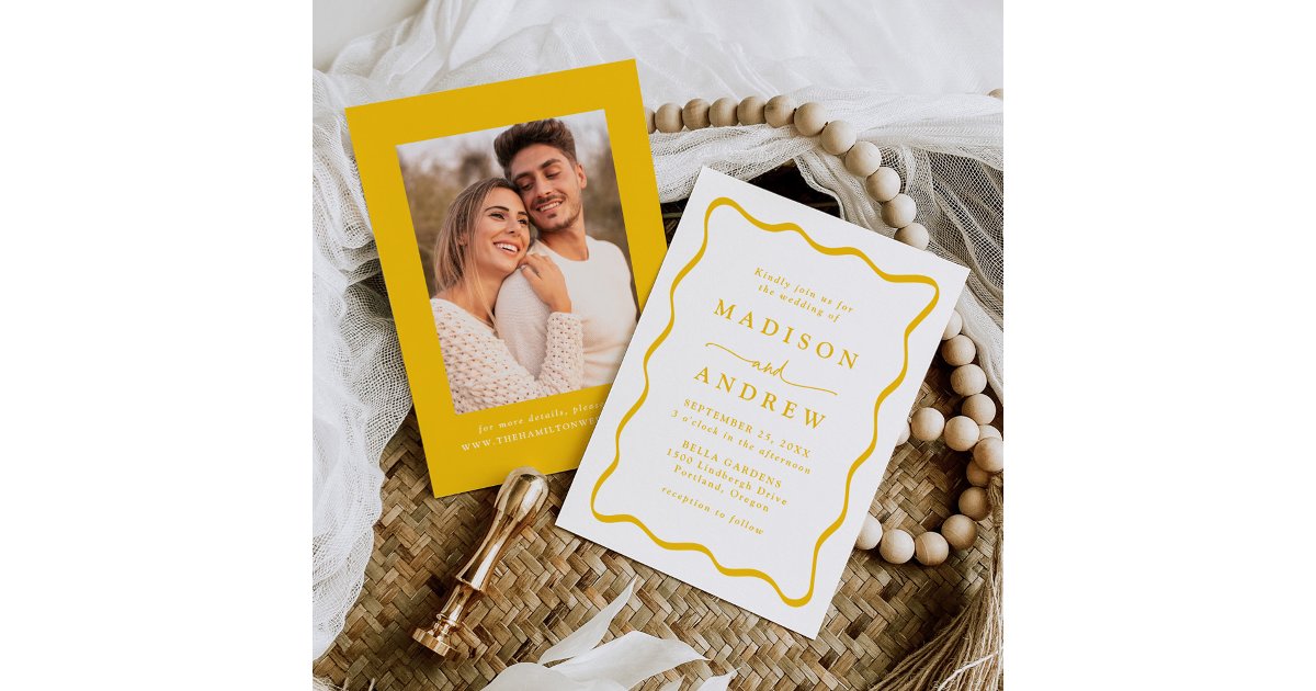 Modern Yellow Wavy Frame Photo Wedding Invitation | Zazzle