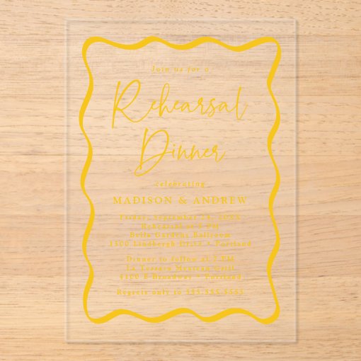Modern Yellow Wavy Frame Rehearsal Dinner Acrylic Invitations | Zazzle