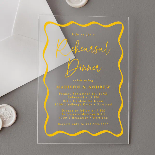 Modern Yellow Wavy Frame Rehearsal Dinner Acrylic Invitations | Zazzle