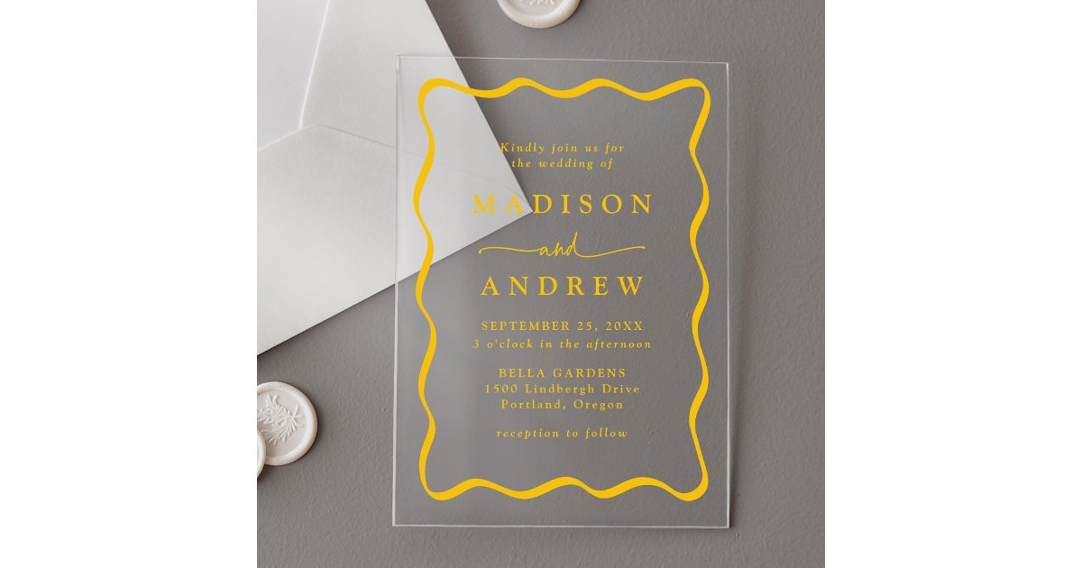 Modern Yellow Wavy Frame Wedding Acrylic Invitations | Zazzle