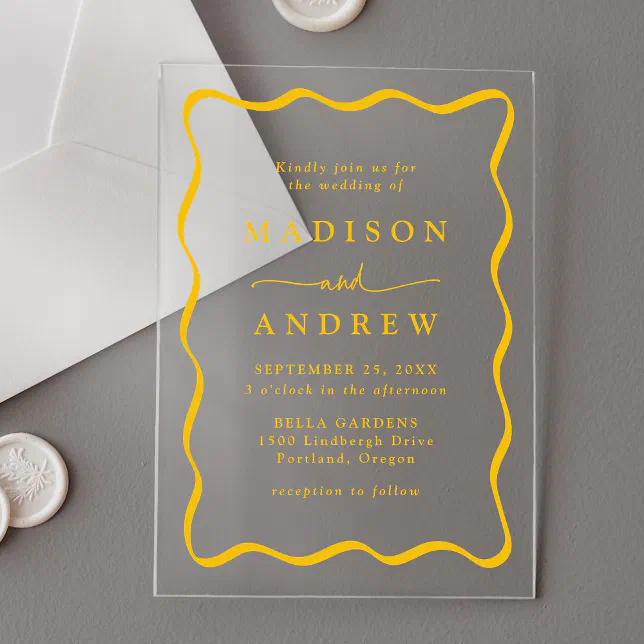 Modern Yellow Wavy Frame Wedding Acrylic Invitations | Zazzle