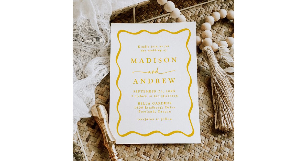 Modern Yellow Wavy Frame Wedding Invitation | Zazzle