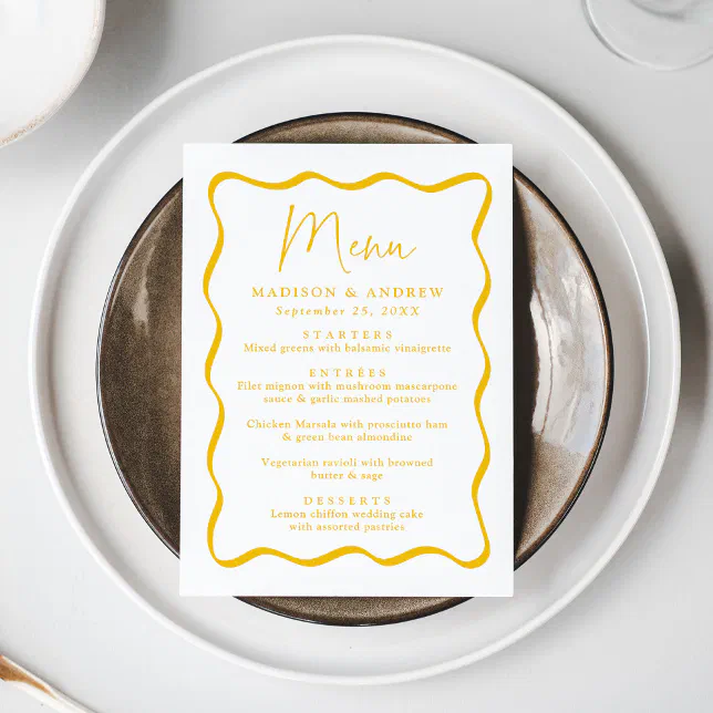 Modern Yellow Wavy Frame Wedding Menu | Zazzle