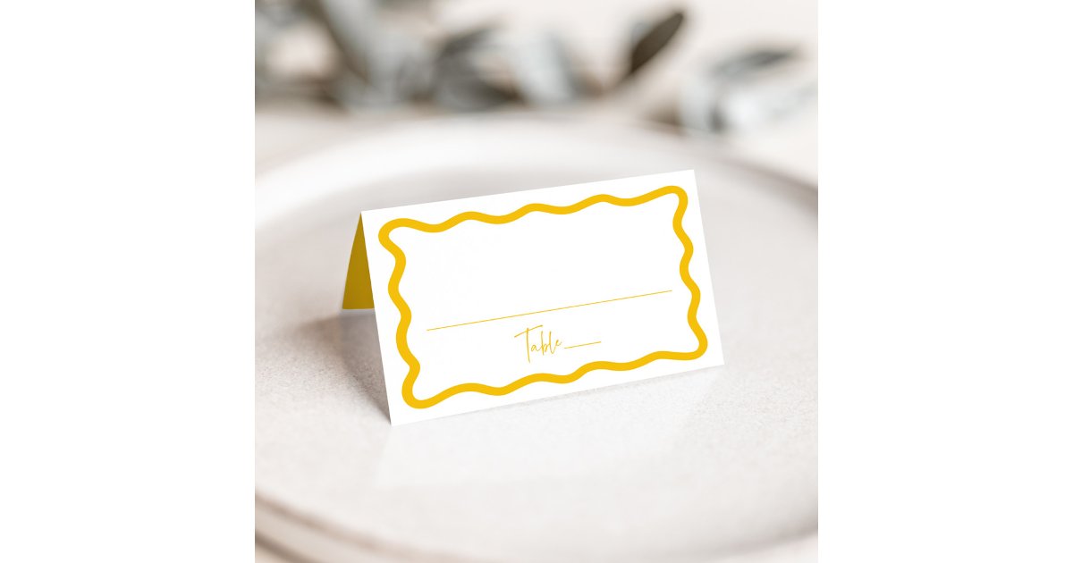 Modern Yellow Wavy Frame Wedding Place Card | Zazzle