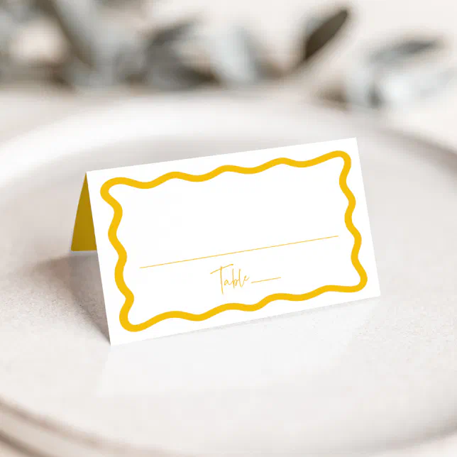Modern Yellow Wavy Frame Wedding Place Card | Zazzle