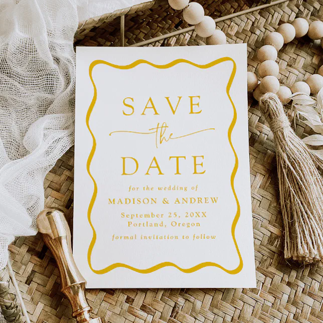Modern Yellow Wavy Frame Wedding Save The Date | Zazzle