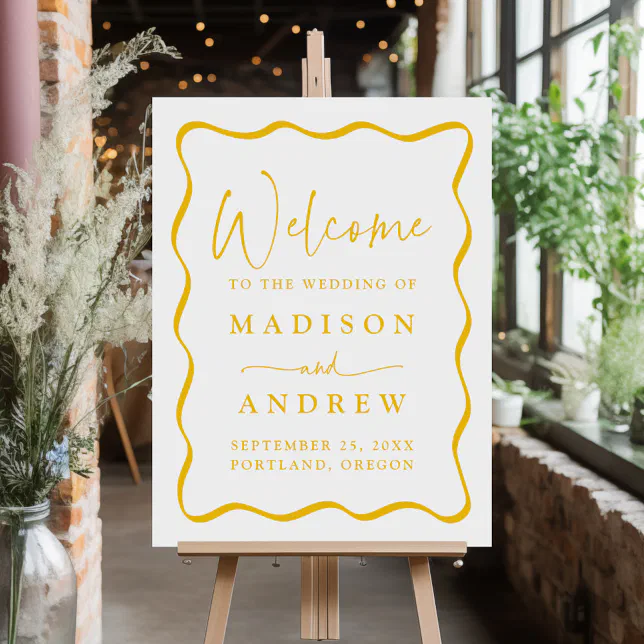 Modern Yellow Wavy Frame Wedding Welcome Sign | Zazzle