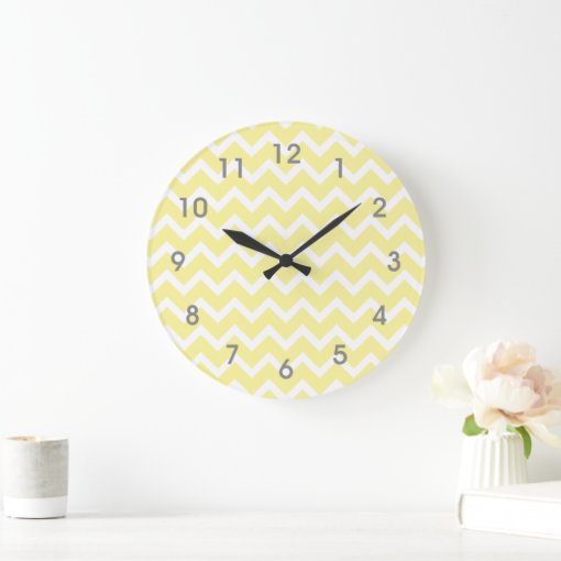 Modern Yellow White Chevron Clock - gray numbers | Zazzle