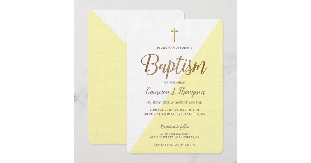 Modern Yellow White Gold Baptism baby Invitation | Zazzle