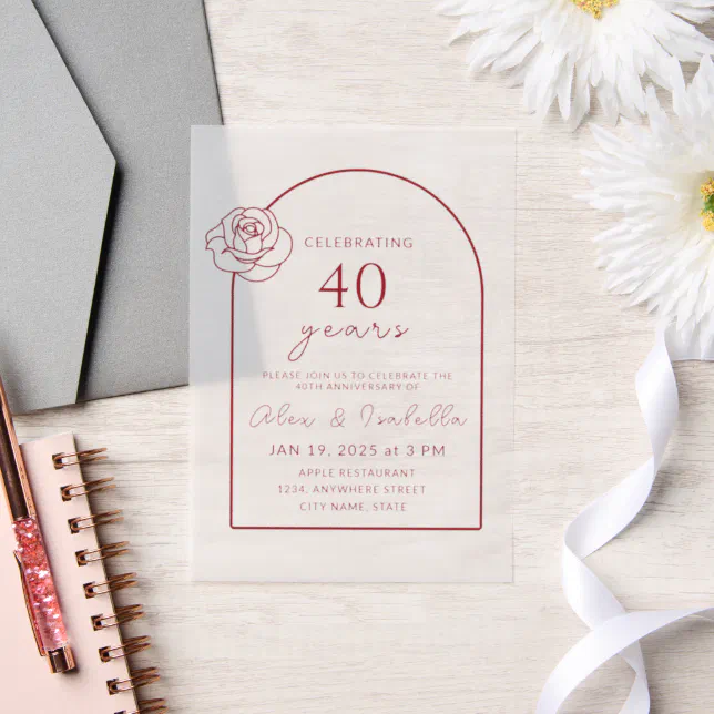 ModernMinimalist Ruby Red 40th Wedding Anniversary Vellum Invitations ...