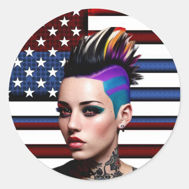 Mohawk Punk Girl with American Flag Classic Round Sticker | Zazzle