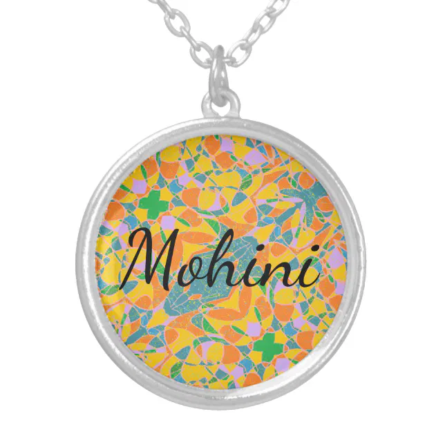 Mohini name with abstract art background golden silver plated necklace ...