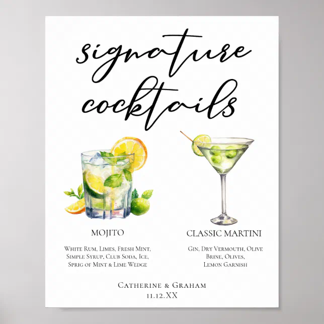 Mojito Martini Wedding Signature Cocktails Menu Poster | Zazzle
