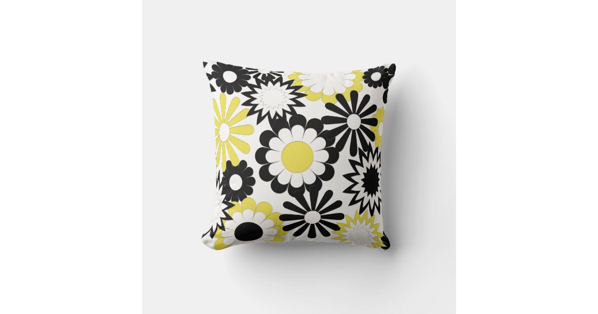 MoJo Throw Pillows, yellow, black & white flowers Throw Pillow | Zazzle