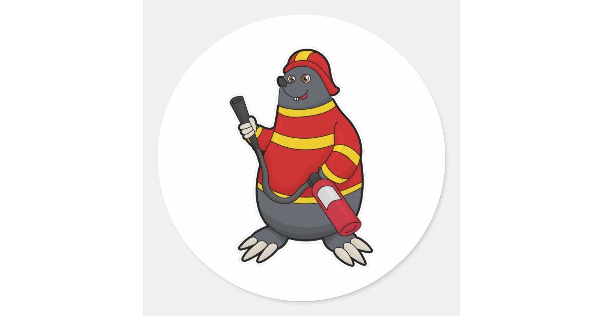 Mole as Firefighter with Fire extinguisher Classic Round Sticker | Zazzle